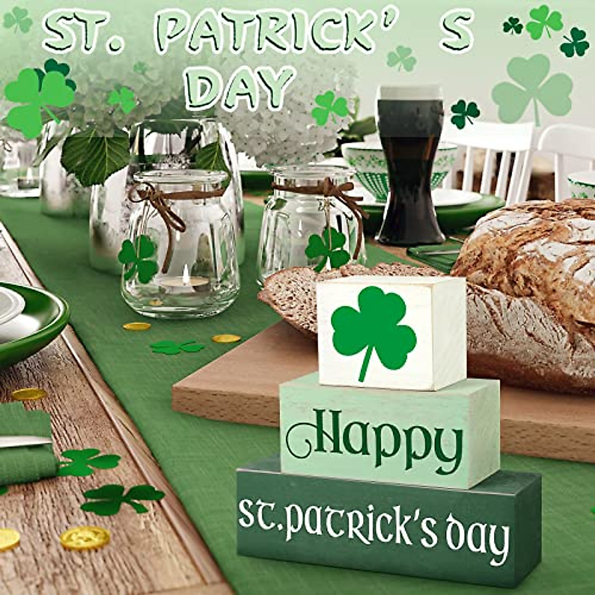3 Pcs Farmhouse St. Patrick's Day Table Sign Irish St. Patrick's Day Table Wood Decorations Shamrock Clover St. Patricks Day Blocks Lucky Print St. Patrick's Day Tiered Tray Decor for Party Home Desk