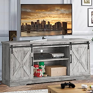 IDEALHOUSE Farmhouse TV Stand, Entertainment Center for 65 Inch TV Media Console Table, Grey Barn Door TV Stand with Storage and Shelves, Modern TV Console Cabinet Furniture for Living Room
