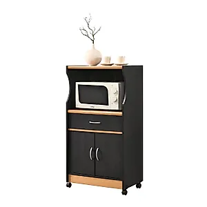 HODEDAH IMPORT Microwave Cart with One Drawer, Two Doors, and Shelf for Storage, Black-Beech.