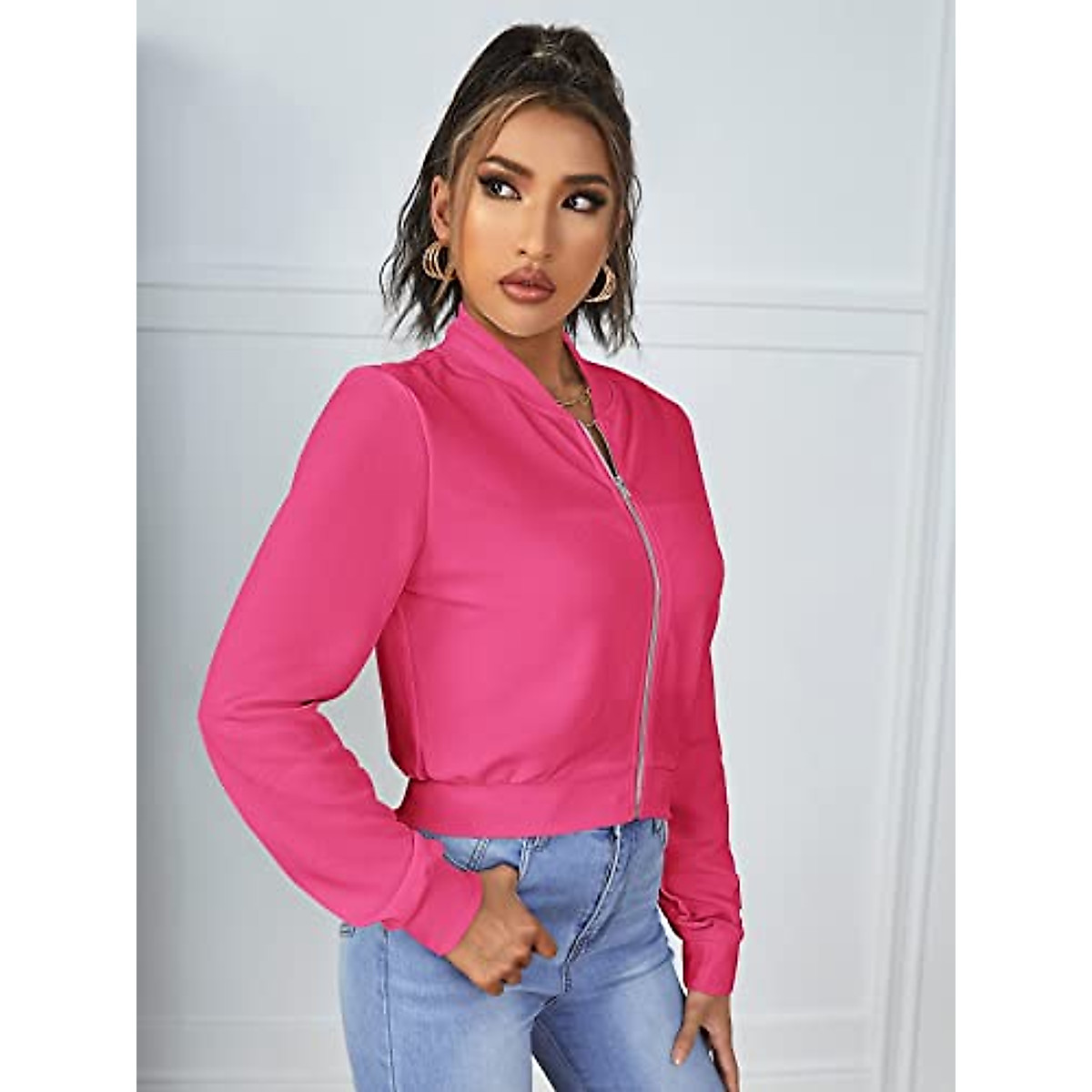 SweatyRocks Women's Casual Long Sleeve Solid Zip Up Coat Crop Bomber Jacket Solid Hot Pink M