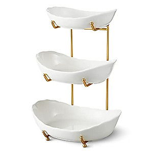 HOMKULA Fruit Bowl for Kitchen Counter - 3 Tier Ceramic Serving Bowls with Metal Stand, Tiered Fruit Basket for Fruit Vegetable Storage, Snack, Nuts, Cake, Dessert (Gold)