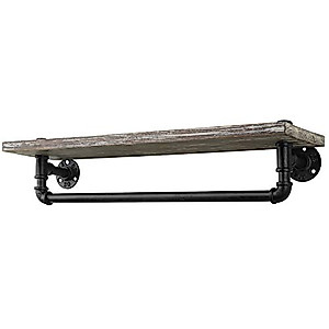 MyGift Rustic Torched Wood Small Bathroom Shelf Wall Mounted Industrial Metal Pipe Towel Bar