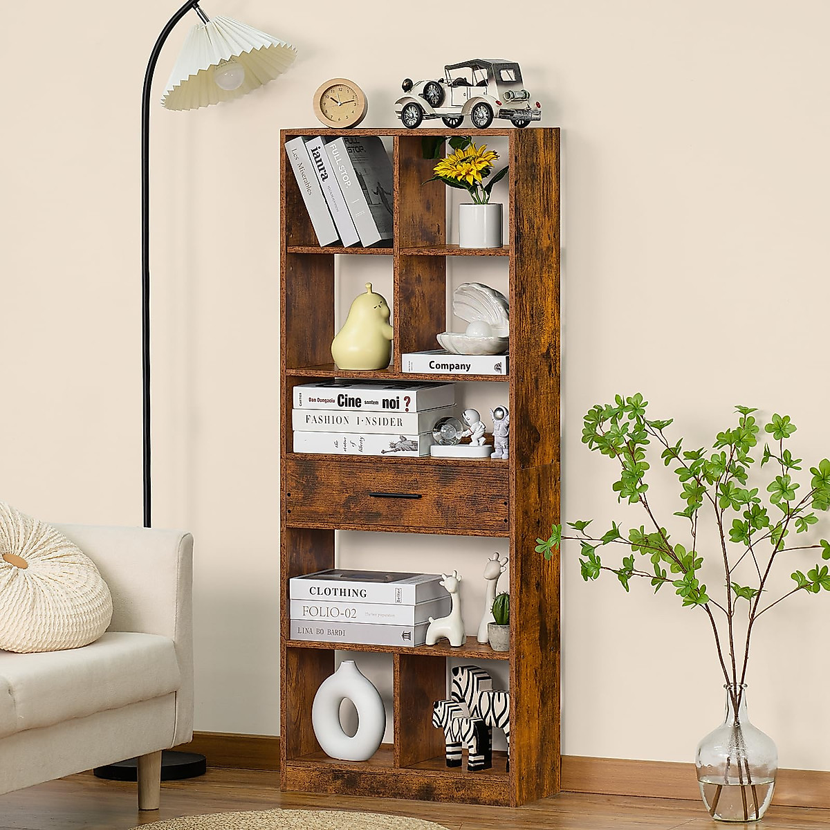 LELELINKY 6 Tier Open Bookshelf Mid Century Modern Bookcase, Wood Book Shelf with 8 Cubes and a Drawer, Floor Freestanding Bookshelves Cube Storage Organizer for Bedroom, Living Room, Office (Brown)