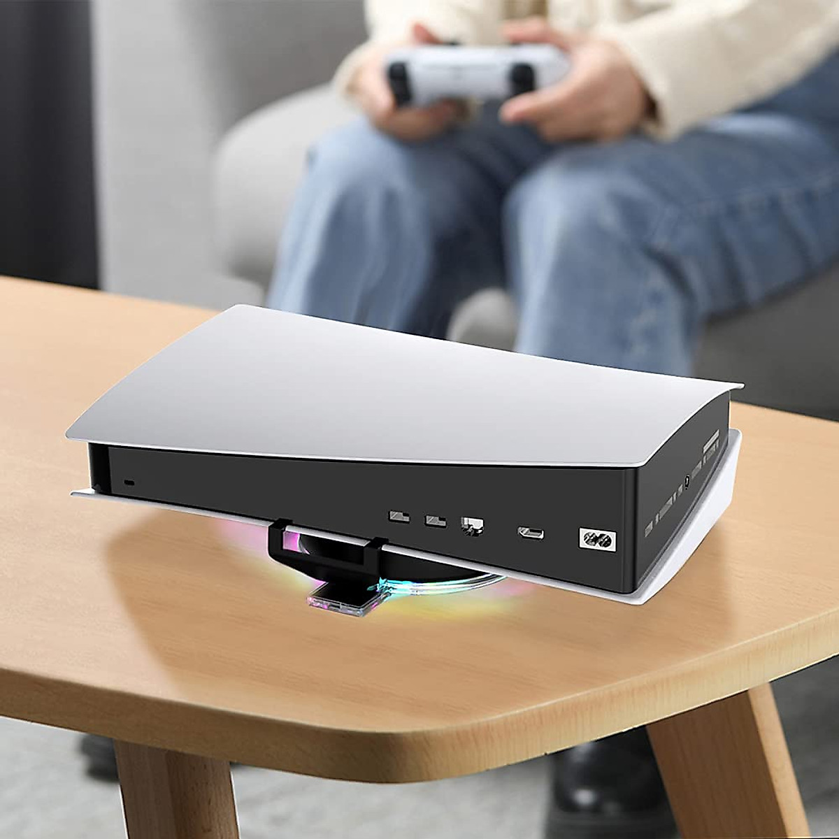 MYLD PS5 LED Console Stand & 5 PCS Vinyl Logo Underlay Sticker, Adjustable RGB Led Light for PS5 Base, Multi-Color LED Light Accessories for Playstation 5 Console (Disc & Digital), USB Powered