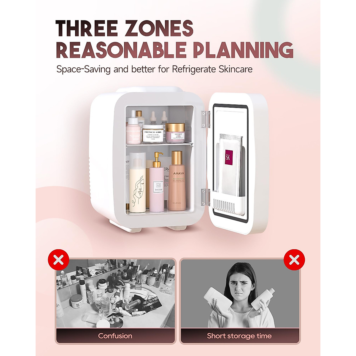 BEICHEN Mini Skincare Fridge with Dimmable LED Light Mirror,4 L/6 Can Mini Fridge for Bedroom,Office, Car, Dorm,Cooler & Warmer, Makeup Fridge for Skin Care, Cosmetics, Food,White