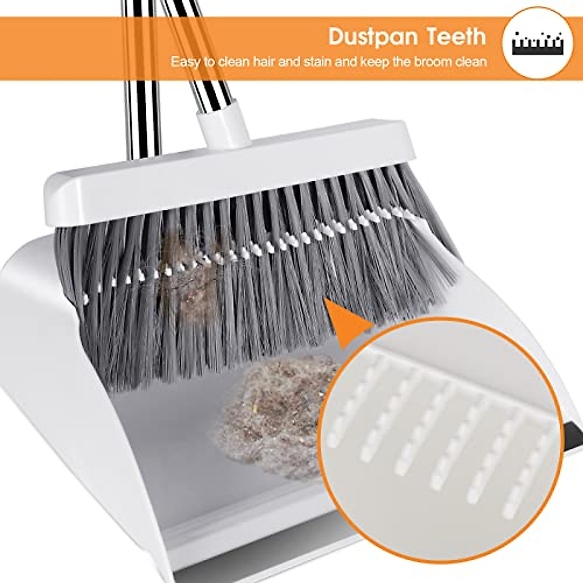 Broom and Dustpan Set,Upright Standing Dust Pans with 54" Stainless Steel Long Handle,Dustpan and Broom Combo for Home Kitchen Office Lobby Floor Cleaning,Outdoor/Indoor Household Brooms-White+Orange