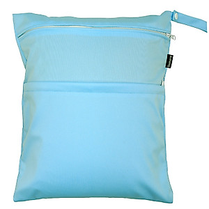 Damero 2 Pack Travel Wet Dry Bag Organizer with 2 Pockets and Handle for Cloth Diaper, Baby Clothes, Pumping Parts, Swimsuit and More, Cute and Spacious, Easy to Grab and GO(Medium, Green+Light Blue)