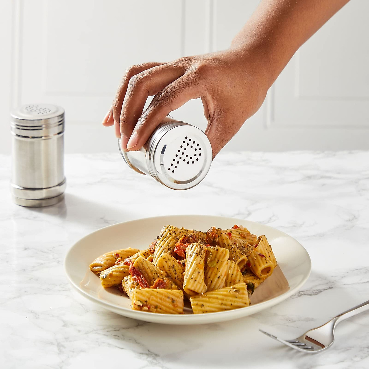 Juvale 2 Ounce Stainless Steel Metal Salt and Pepper Shakers for Kitchen Counter, Dinner Table, Condiments, and Cooking, Refillable, Perforated "S" and "P" Caps (3.5 in)