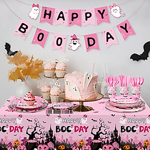 Halloween Happy Boo Day Baby Shower Party Decorations,Pink Ghost Pumpkin Disposable Tableware Paper Plates Napkins Cups Tablecloth Banner for Girl Halloween Birthday Baby Shower Party Supplies,Serve25