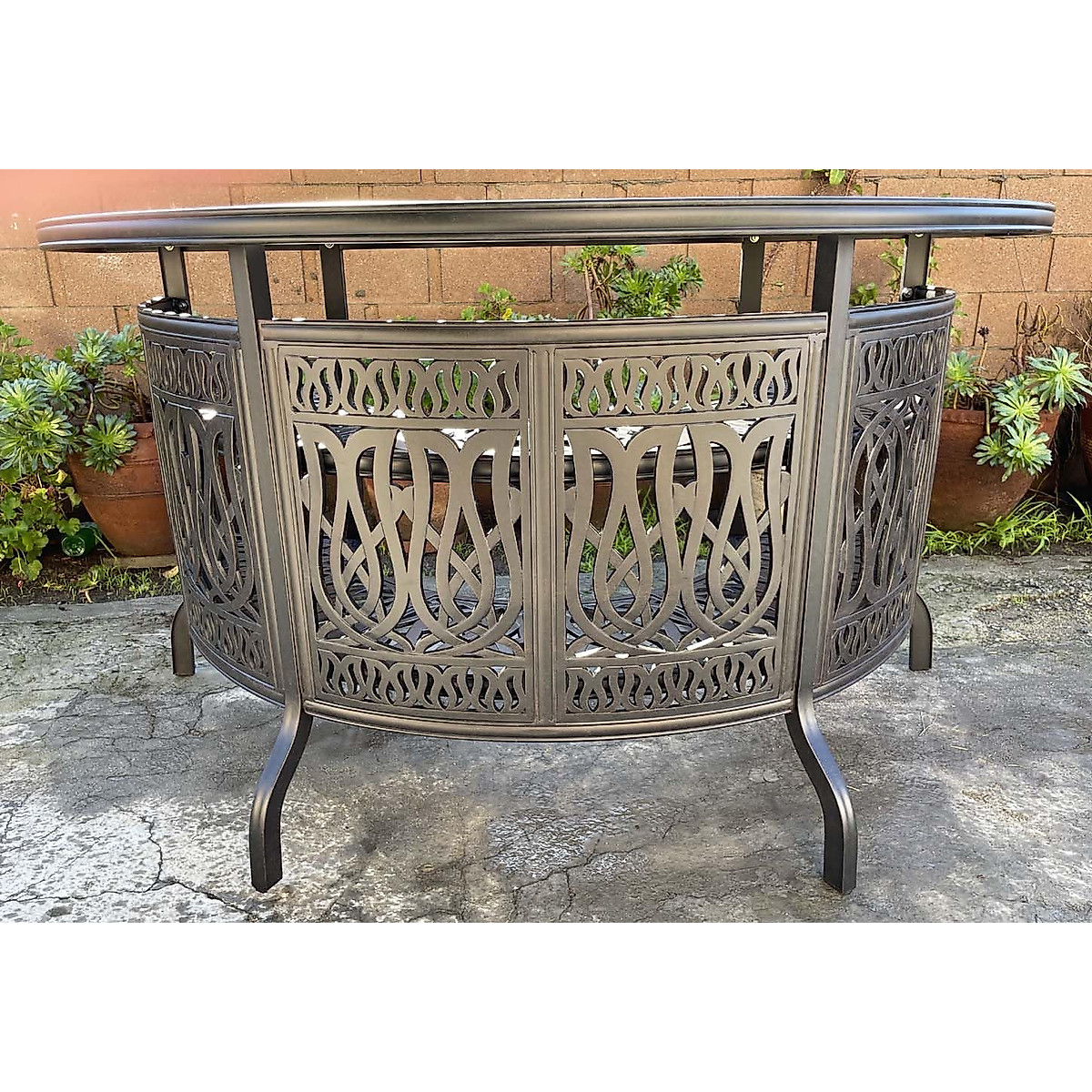 Cast Aluminum Outdoor Curved bar Table with Storage Patio Furniture Desert Bronze.