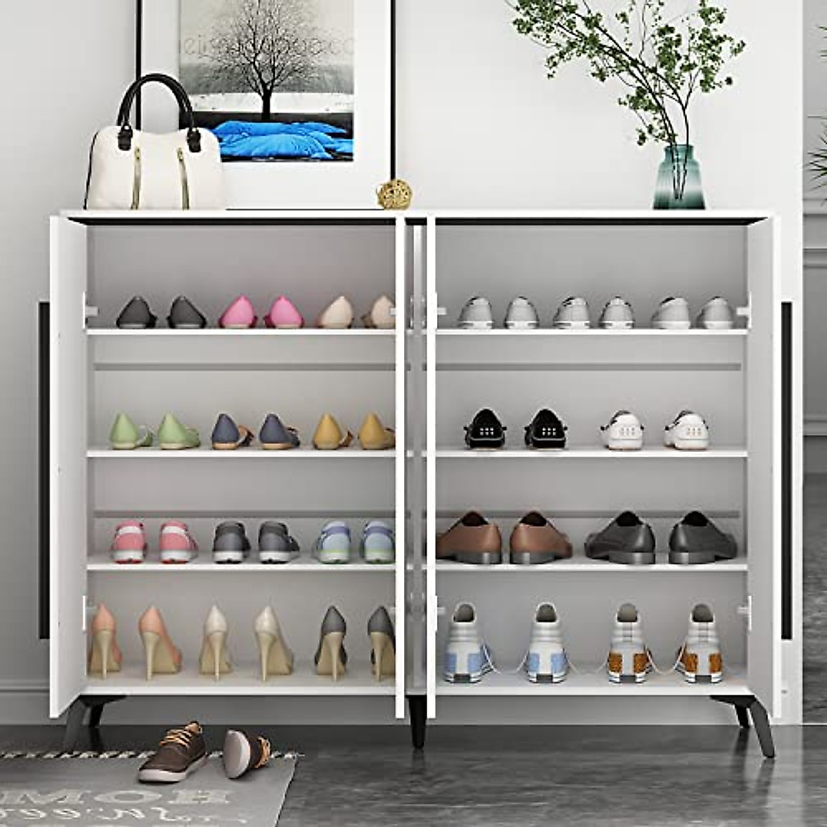 AGOTENI Shoe Cabinet with 4 Doors & 4 Tier Shelves for Entryway, Modern Shoe Storage Cabinet, Freestanding Shoe Rack Storage Organizer (55.1”W x 13.8”D x 37.4”H)