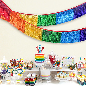 LOLStar Rainbow Foil Fringe Garland Party Decorations, 6 Feet Rainbow Tinsel Metallic Glitter Banner, Hanging Rainbow Table Skirts for Birthday Wedding Christmas Pride Month Parade Floats Decor