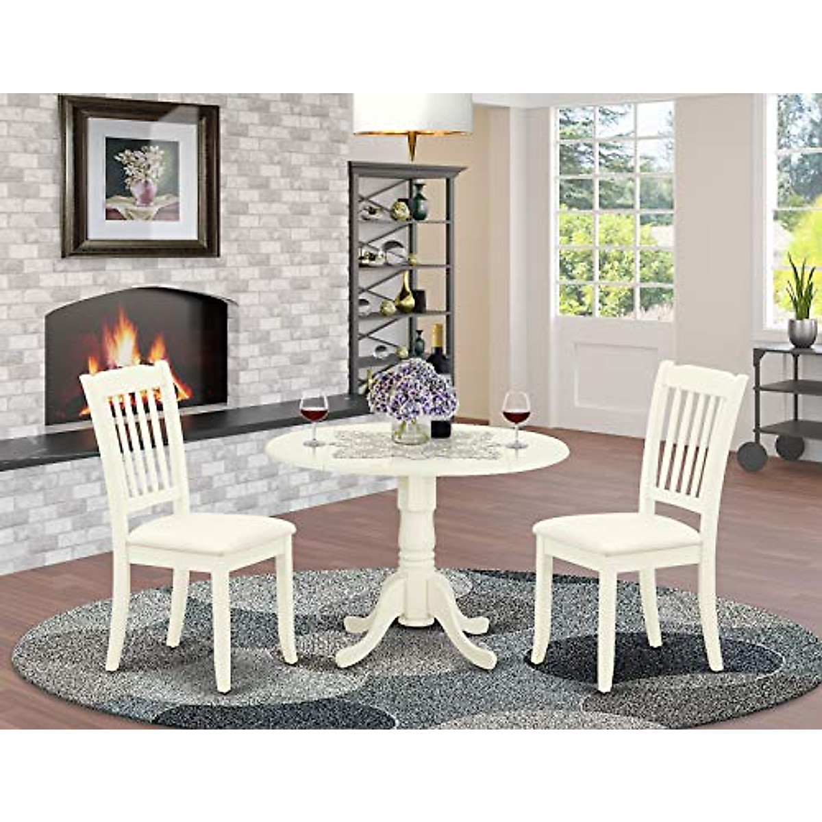 East West Furniture DLDA3-WHI-C 3Pc Dinette Set Includes a Rounded Kitchen Table with Drop Leaves and Two Vertical Slatted Linen Fabric Seat Dining Chairs, White Finish, 3