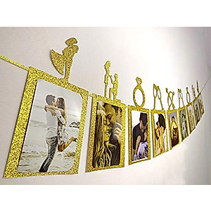 Engagement Wedding Decorations, Gold Engaged Banner and Photo Banner with Romantic Memories Picture Card Frames for Engaged / Wedding / Anniversary / Valentines Day Party