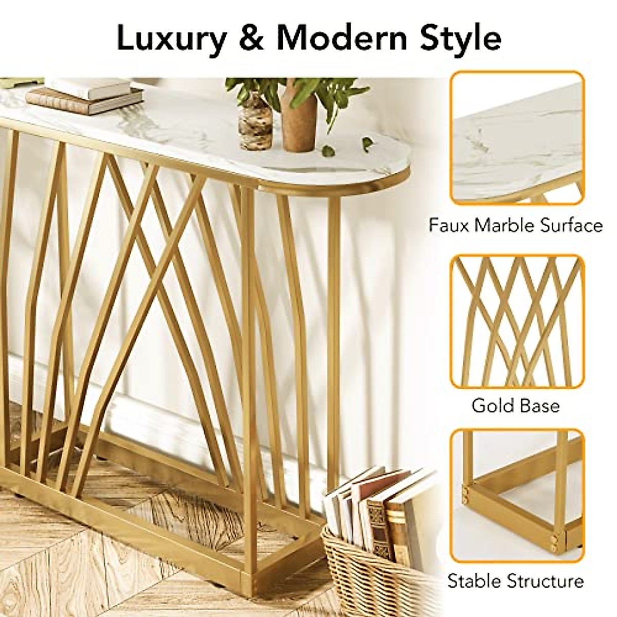 Tribesigns Gold Console Table, 43" Modern White Sofa Couch Table with Faux Marble, Oval Wooden Hallway Foyer Table, Narrow Entryway Table with Metal Frame for Living Room Bedroom Entrance