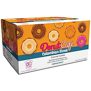 Donut Café - Coffee Gourmet Pods, Colombian Blend, Medium Roast – Non-GMO, Gluten Free – Compatible with Keurig K Cup Brewers – Smooth & Delicious – 80 Count