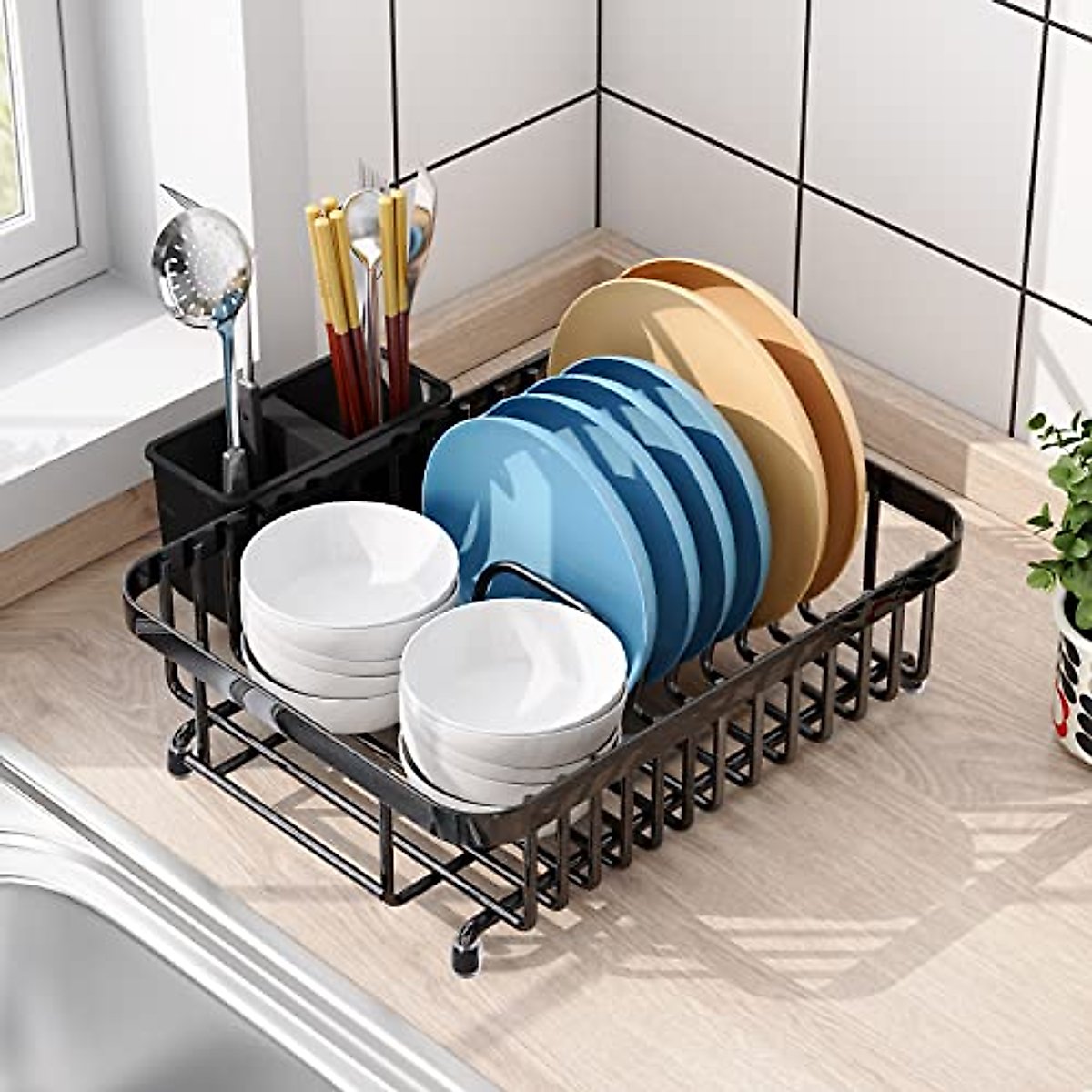 1Easylife Dish Drying Rack with Anti Rust Frame, Small Dish Drainer Rack for Kitchen Counter, Sink Dish Rack on Counter with Utensil Holder and Non-Slip Rubber Feet Rustproof for Organizer Storage