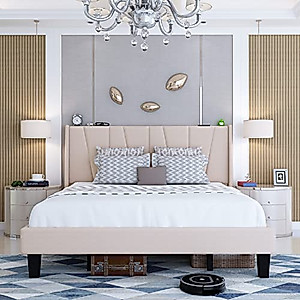 Benevika Queen Size Bed Frame with Modern Geometric Wingback Headboard,Wood Slat,No Box Spring Needed,Easy Assembly, Beige