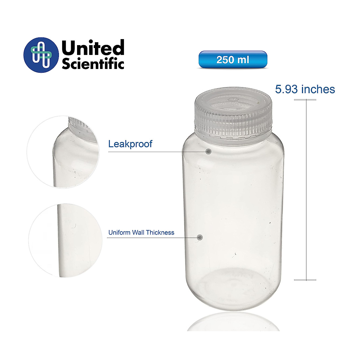 United Scientific® Unistore™ 33308 | Laboratory Grade Polypropylene Wide Mouth Reagent Bottle | Designed for Laboratories, Classrooms, or Storage at Home | 250ml (8oz) Capacity | Pack of 12