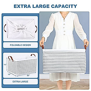 Extra Large Storage Basket organizer Fabric Storage Bin for shelf Closet Organizer Bin Collapsible Storage Box with PU Leather Handles and Drawstring Closure (Waterproof Lining, Grey Stripe,2Pack)