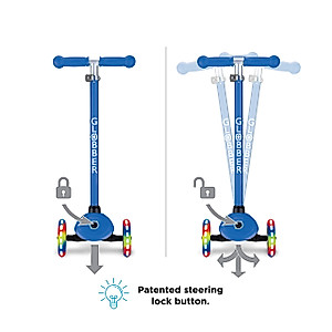 Globber Primo Lights V2 423-100-2 Navy Blue Kick Scooter, Adjustable 3-Height T-Bar, Robust Composite Deck, Comfortable Ergonomic Grips, Durable Brake, LED Light Up Wheels