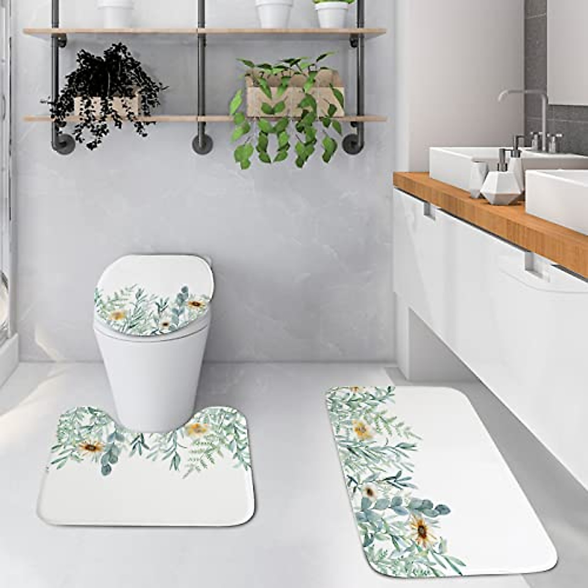 4PCS Bathroom Sets with Shower Curtain and Rugs, HUXMEYSON Spring Shower Curtain with Memory Foam Bath Mat Set and 12 Hooks, Stylish and Dural Bathroom Decor Set