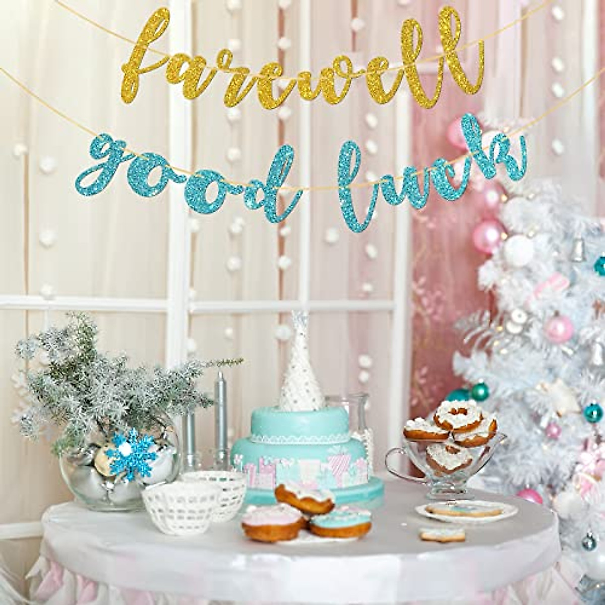 Halodete Farewell Good Luck Banner, Retirement Banner, Farewell, Going Away, Job Change, Adventure Awaits Celebration Party Garland Bunting Decorations - Gold Blue Glitter