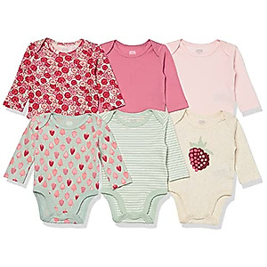 Amazon Essentials Unisex Babies' Long-Sleeve Bodysuits, Pack of 6, Ecru/Light Pink/Rose/Floral/Strawberry/Stripe, Newborn