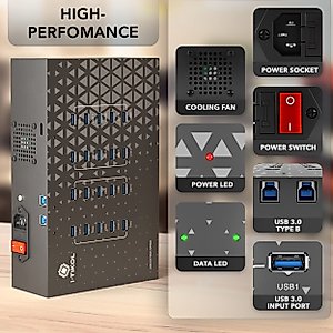 Powered USB Hub – 20 Port USB 3.0 Hub - 5Gbps Sync & High-Speed Data Transfer Multiple USB Splitter with Built-in 5V 40A Power Adapter - Fan & Mounting Brackets for Phone MB Laptop Tablet PC - 110V