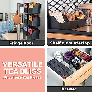 Mona Magnetic Tea Bag Organizer - Set of 6 Individual Tea Bag Holders for The Refrigerator, Counter or Kitchen Shelf. Stylish & Practical Space Saving Tea Organizer (Black)