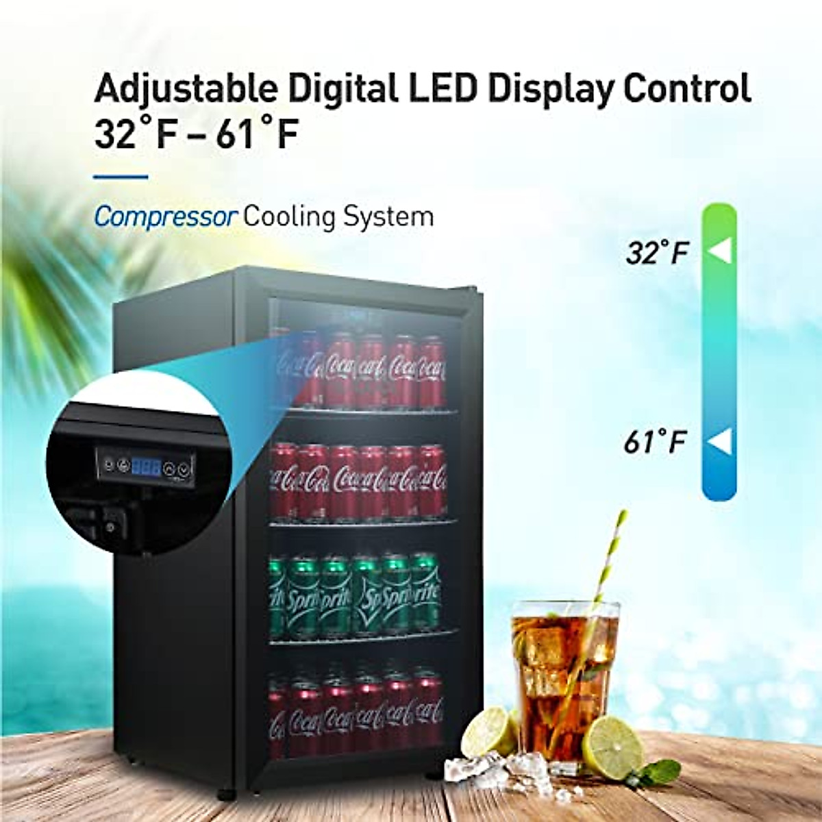 Commercial Cool Beverage Cooler, 3.6 Cu. Ft. Capacity, Drink Fridge with 3 Adjustable Shelves & Temperature Control, Mini Beverage Fridge Holds up to 109 Cans