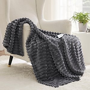 Bedsure Heated Blanket Electric Throw - Thick Striped Flannel, Fast Heating Electric Blanket with 6 Heating Levels, 4 Time Settings, and Adjustable 3-Hour Auto-Off (50x60 inches, Grey)