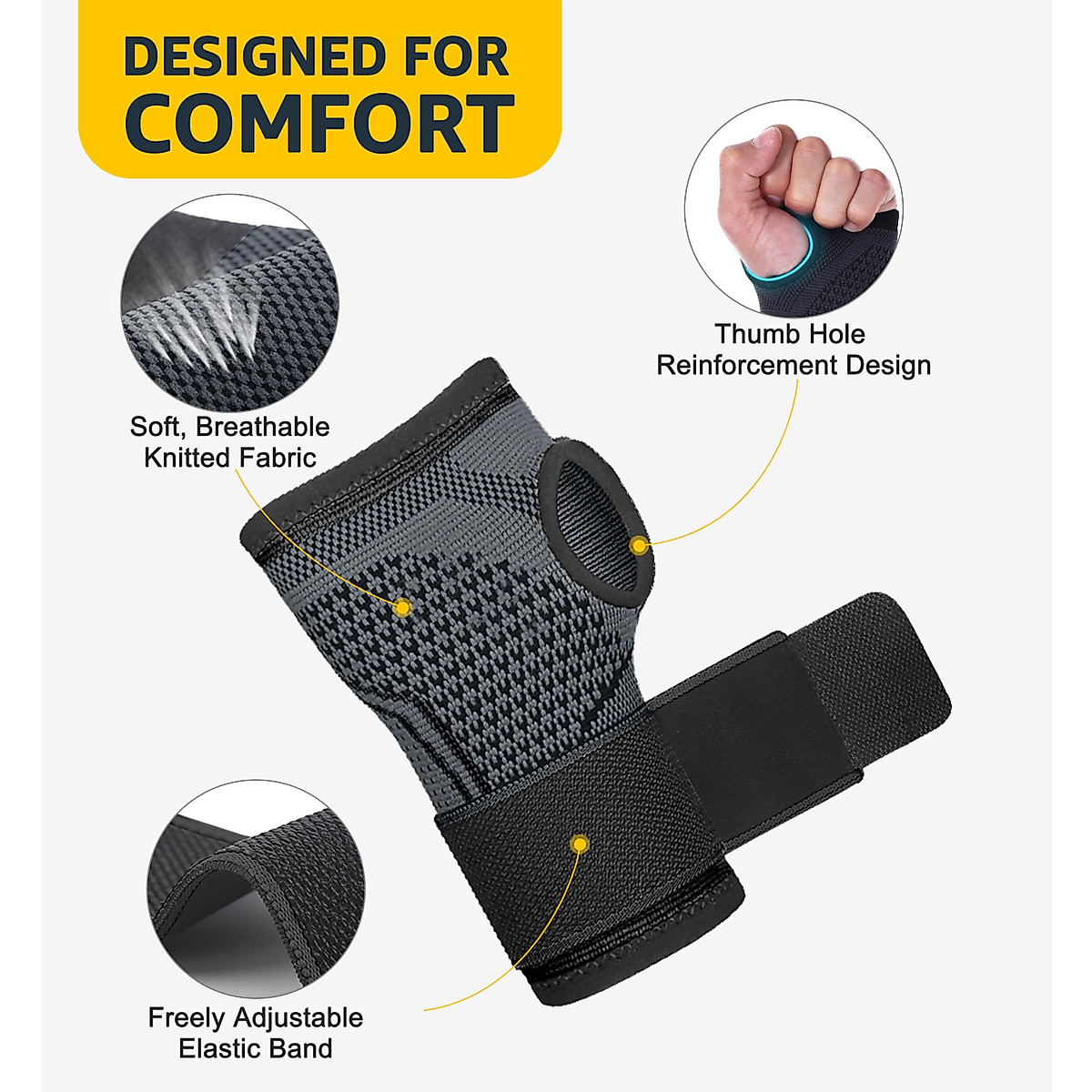 HiRui 2-Pack Wrist Brace Wrist Wraps, Hand Compression Sleeves with Wrist Straps Support for Fitness Weightlifting MTB Tendonitis Carpal Tunnel Arthritis Pain Relief (Black, Medium)