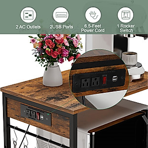 ETELI Bakers Rack with Power Outlet Microwave Stand Cart with Storage Coffee Station Table Cart on Wheels for Kitchen Living Room Bedroom, Rustic Brown