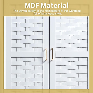 LEVNARY Armoire Wardrobe Closet with 2 Woven Doors, Wardrobe Cabinet with 2 Storage Drawers and Hanging Rail, Freestanding Wooden Closet for Bedroom (White)