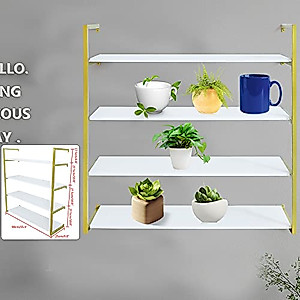 TBVECHI Wall Mounted Floating Shelves 4-Tier Gold Floating Display Shelves Connected Wood Shelf with Iron Frame Storage Shelves for Living Room Office Kitchen Bedroom Decor, Gold+White