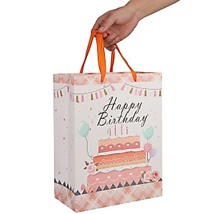 13" Large Light Orange Gift Bag Set with Greeting Card and Tissue Papers (Cake Design) for Women's Party, Girls', or Kids' Parties, Baby Shower - 10.2”x5.2”x13”, 1 Pcs.