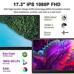 sibolan Portable Monitor,17.3'' 1080P FHD 100% DCI-P3 Laptop Monitor, HDR 178° Screen Eye Care Eye Care External FreeSync Monitor for PS5 PS4 Xbox Series NS, Laptop PC Phone