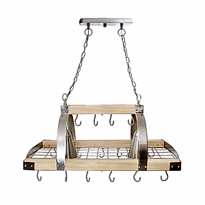 Elegant Designs PR1001-WOD 2 Light Kitchen Wood Pot Rack with Downlights, Wood with Brushed Nickel Accents