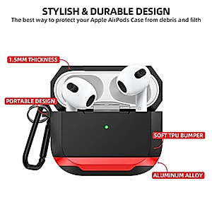 MUCOKE Compatible with AirPods 3 Case 2021, Aluminum Alloy and Shockproof TPU Protective Cover, Compatible with AirPods 3rd Generation Case, with Keychain (Red Black)
