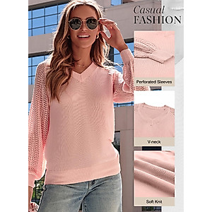 Dokotoo 2025 Fall Sweaters for Women Trendy V Neck Long Puff Sleeve Solid Color Hollow Out Fashion Casual Loose Plain Cable Knit Sweater Pullover Jumper Outerwear Pink Medium