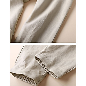 IXIMO Women's Tapered Pants 100% Linen Drawstring Back Elastic Waist Pants Trousers with Pockets Khaki XL