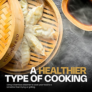 KITCHEN & CO 10-inch Dumpling Bamboo Steamer- Complete Set of 2 Tier Bamboo Steamer Basket 2 Chopsticks, 1 Rolling Pin, Ceramic Dish & More-Bringing Tradition to Your Table, One Steamed Dish at a Time