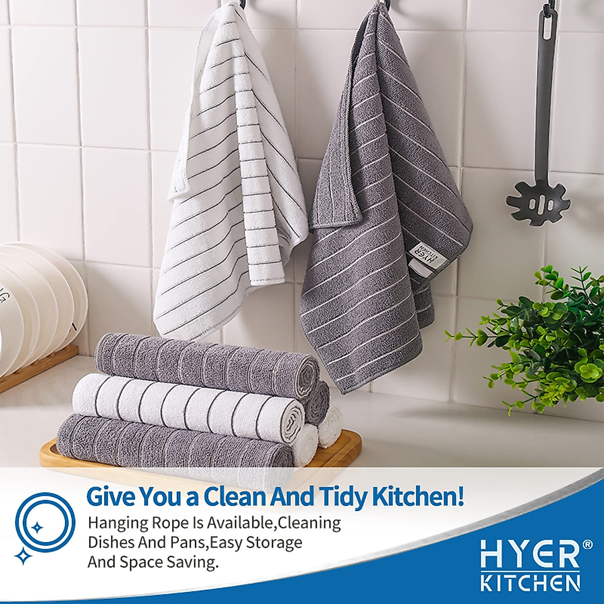 HYER KITCHEN Microfiber Kitchen Towels, Stripe Designed, Super Soft and Absorbent Dish Towels, Pack of 8, 18 x 26 Inch, Gray and White