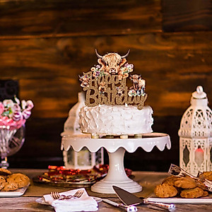 Highland Cow Happy Birthday Cake Topper Highland Cow Birthday Party Supplies Brown Glitter Highland Cow Cake Decorations for Western Cowboy Theme Birthday Party Highland Cow Baby Shower Supplies