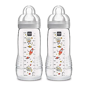 MAM Easy Active Bottle 11 oz (2-Count), Fast Flow Bottles, 4+ Month, Unisex, Gray