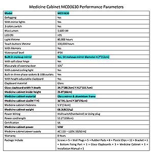 YINVANI Lighted Medicine Cabinets, 36×30 Inch Bathroom Cabinet Wall Mounted with Defogger Mirror, with LED Lights Dimmer and 3 Colors Switch, 5X Makeup Mirror Inside with Sockets MCD3630