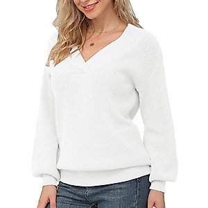 Feiersi Women's Off Shoulder Sweater Long Sleeve Loose Tops V-Neck Pullover Knit Jumper(White,Large)