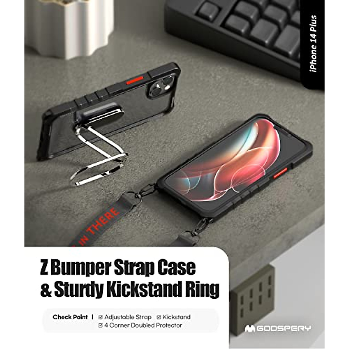 GOOSPERY Z Bumper 360° Sturdy Kickstand Ring Holder Crossbody Compatible with iPhone 14 Plus Case [Strap Included] Dual Layer Structure TPU EdgeClear Cover with Strap, Black