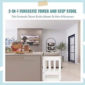 Dream On Me 2-in-1 Funtastic Tower and Step Stool, Easy to Assemble, Multi-Purpose Stool with Non-Toxic Paint Finish, Made of Solid Pinewood, White